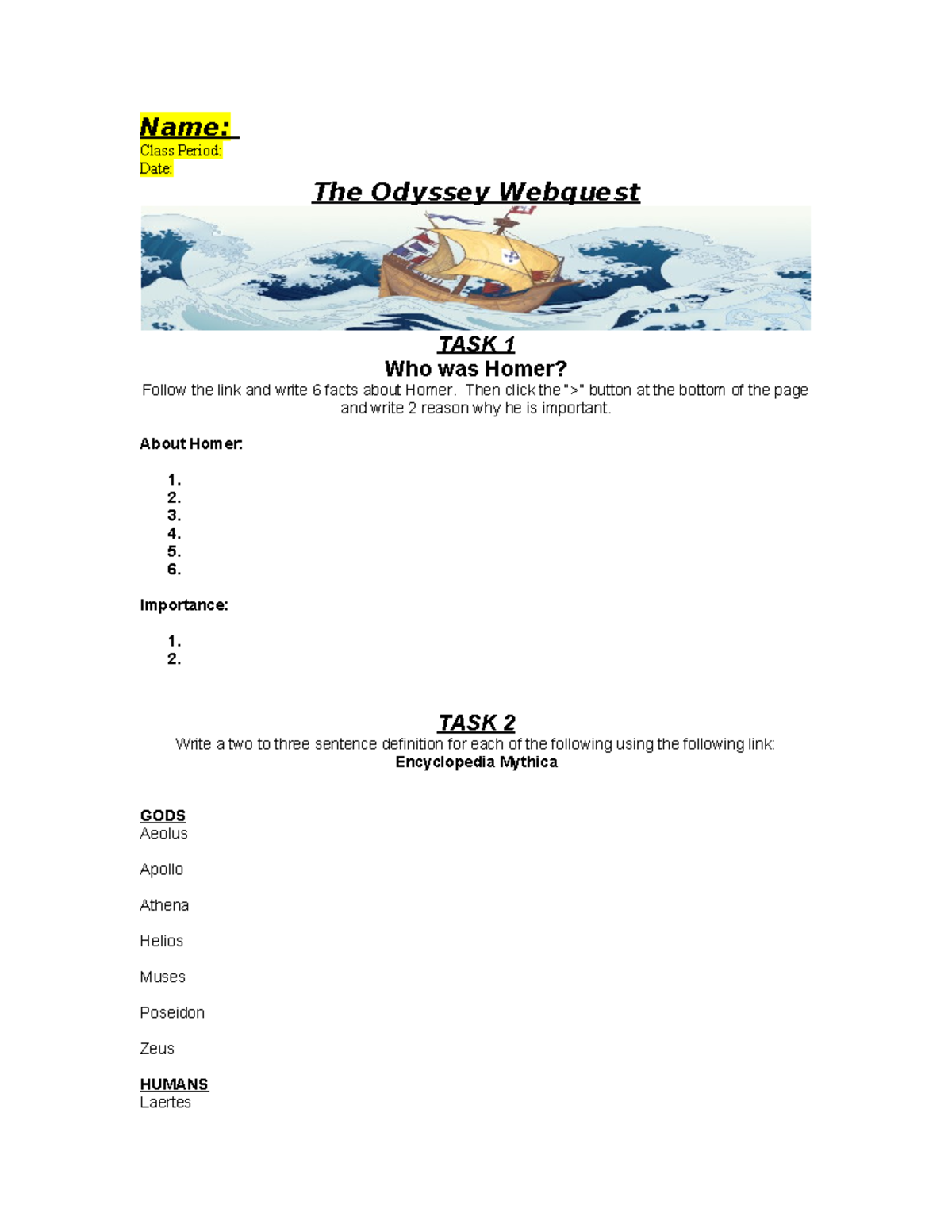 The Odyssey Webquest Worksheet - 1: Exploring Homer and Key Characters ...