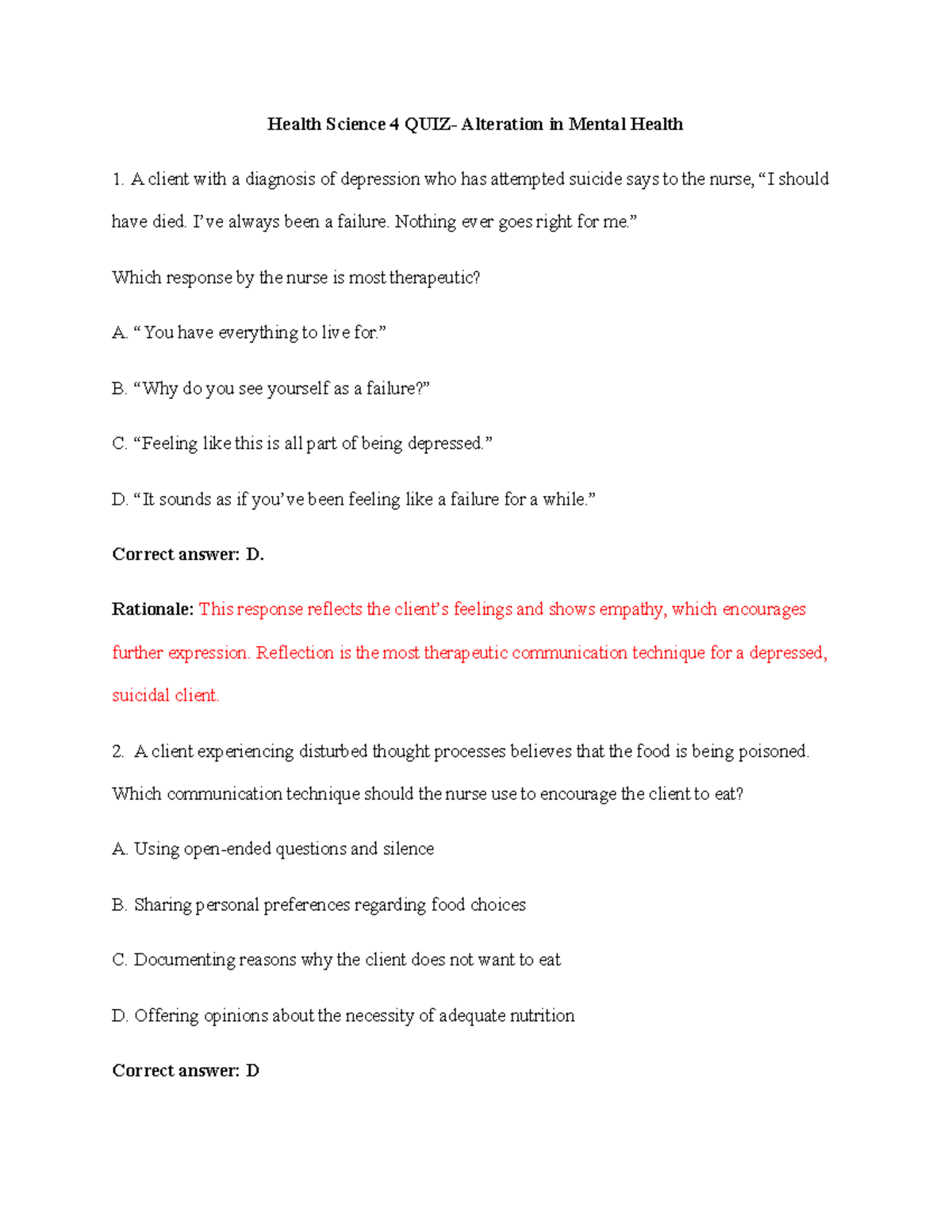 Health Science 4 Final Quiz: Mental Health Interventions and Techniques ...
