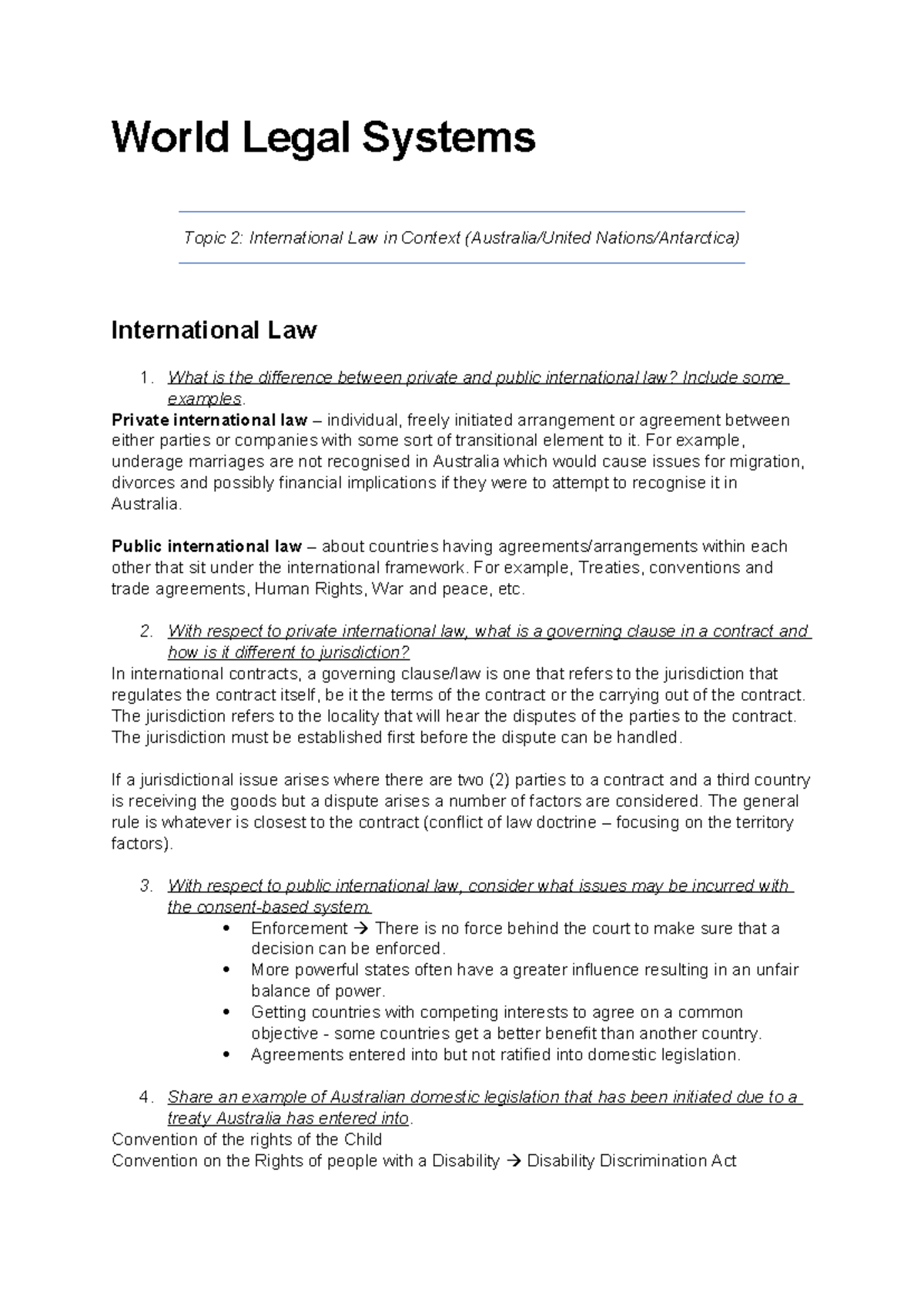LAW260 - Tutorial questions - World Legal Systems Topic 2 ...