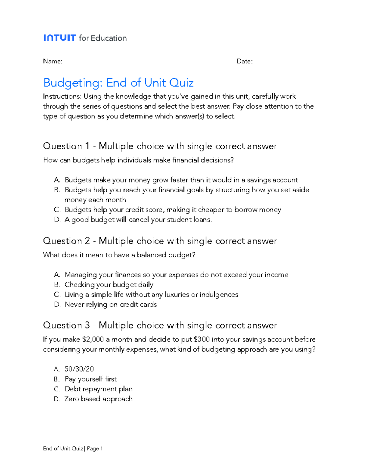 Budgeting: End of Unit Quiz for FIN 101 - Financial Literacy - Studocu