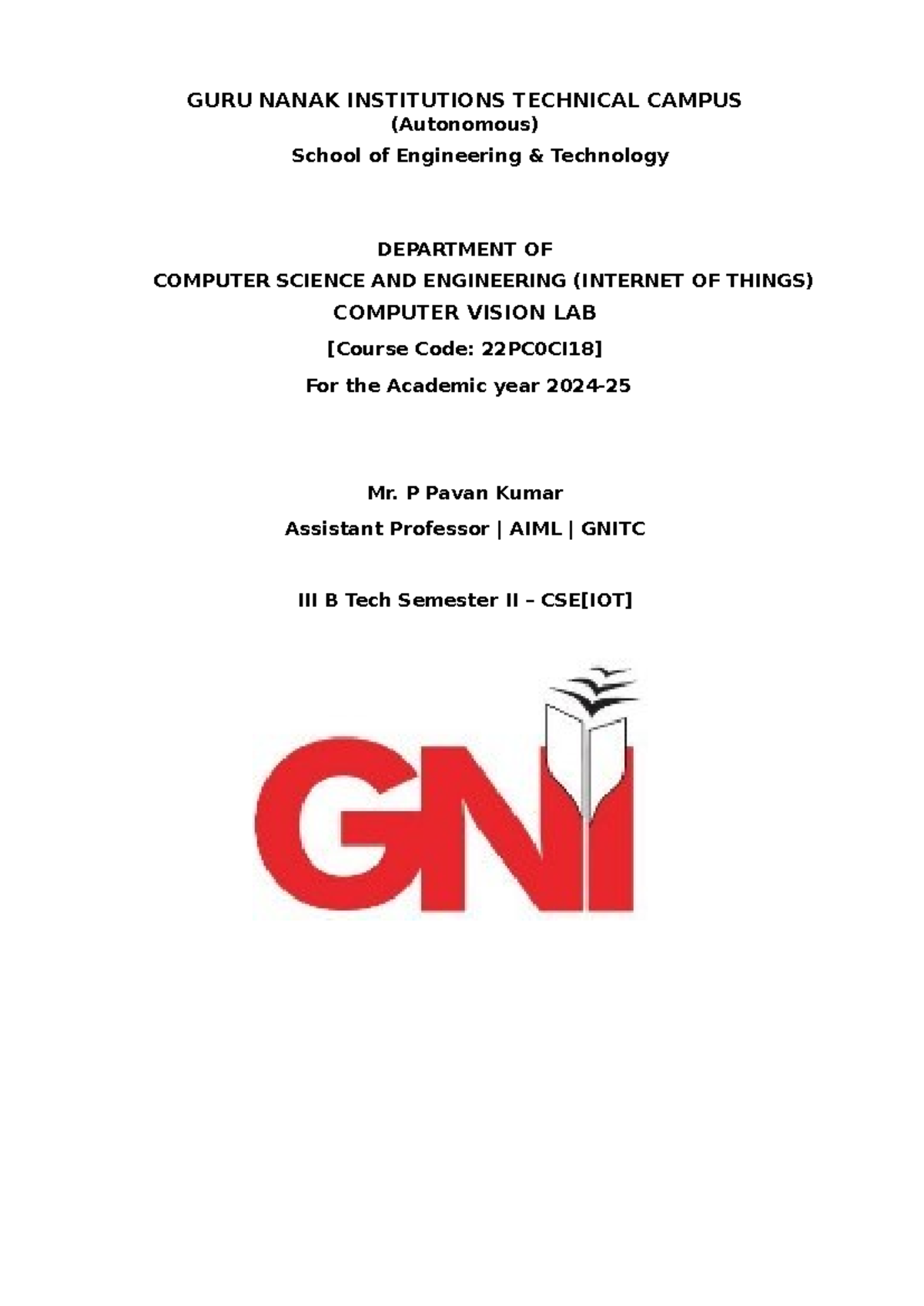 Computer Vision Lab Manual for CSE(IOT) - B Tech Sem II - Studocu