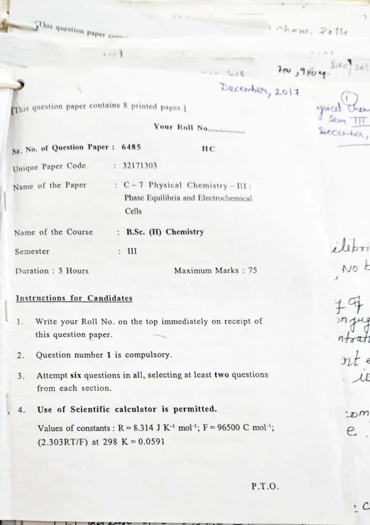 B.Sc. (H) Chemistry Sem II Physical Chemistry Exam Paper 2017 - Studocu