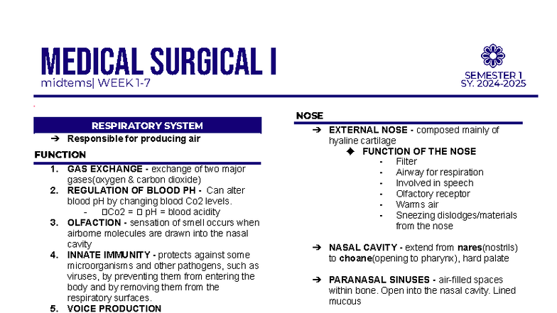 Medical Surgical SEM 1 SY: Week RR Respiratory System Overview - Studocu