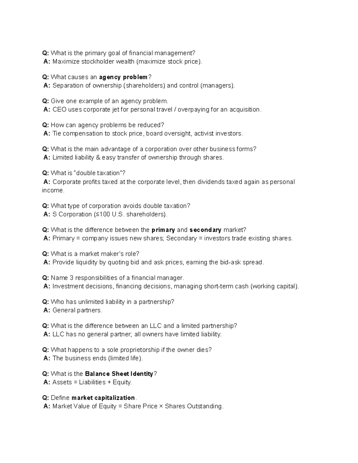 Financial Management Q&A Study Guide for Exam Prep (FIN 101) - Studocu