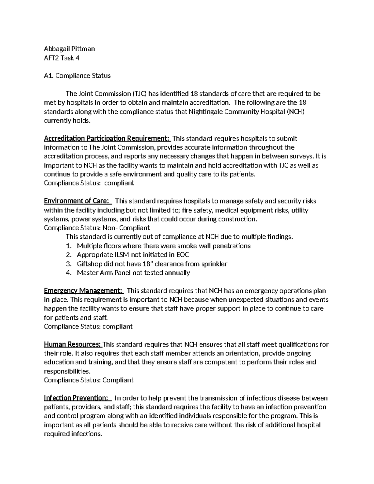 AFT2 Task 4 - Compliance Status and Trends at Nightingale Hospital ...