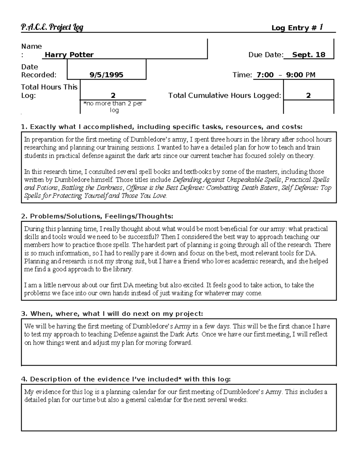 PACE Logs - to log your experience - P.A.C. Project Log Log Entry # 1 ...