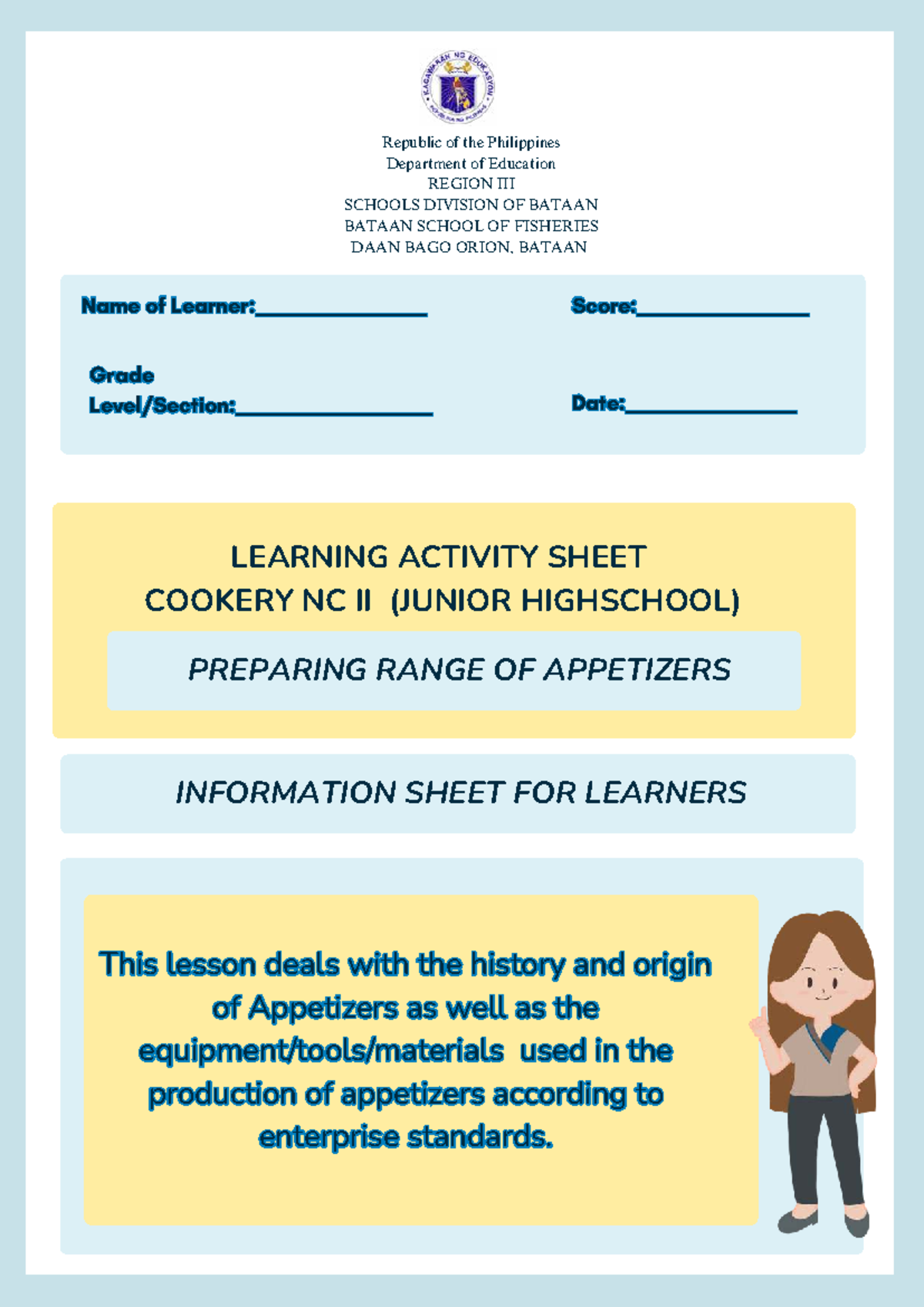 Learning Activity Sheet Cookery-NIKA A - Name of Learner:Name of ...