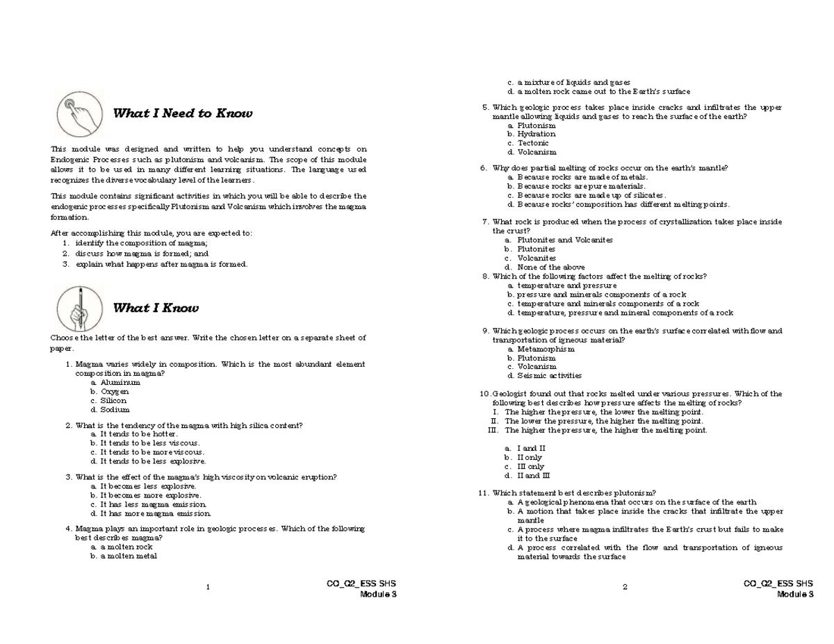 Earth Science Module: Understanding Endogenic Processes (CO_Q2_ESS SHS ...