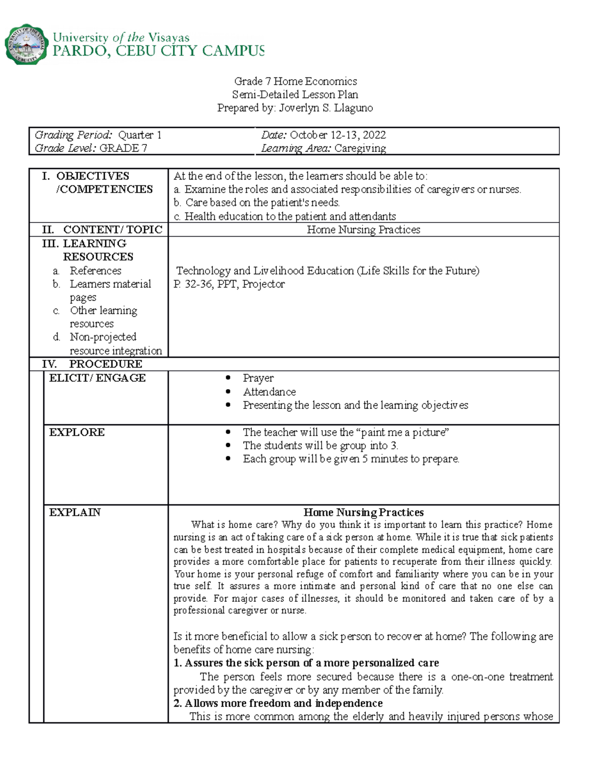 Lesson Plan: Caregiving in Grade 7 Home Economics (Q1) - Studocu