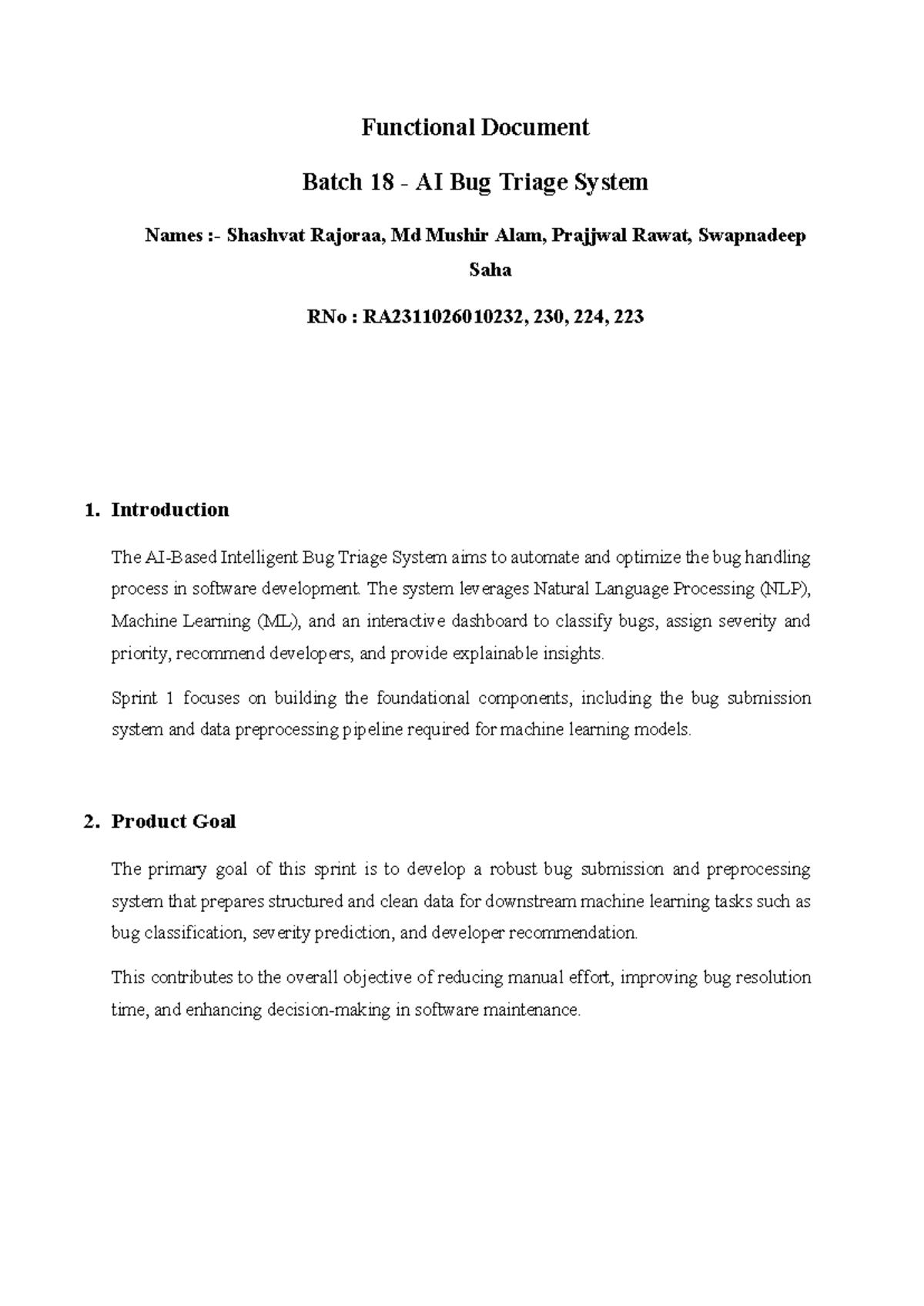 Functional Document for AI Bug Triage System - Batch 18 - Studocu