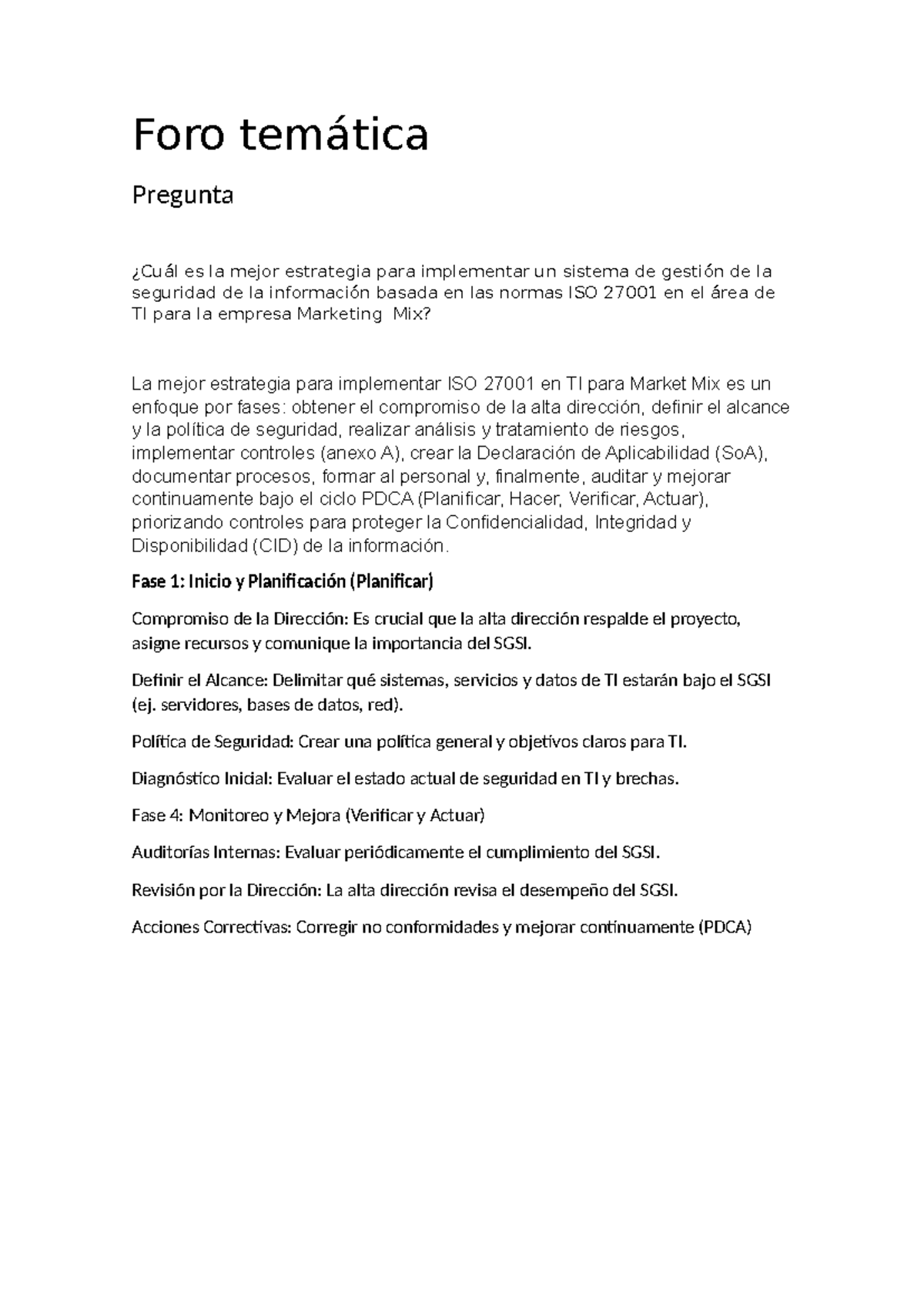 Foro Temática: Estrategia para Implementar ISO 27001 en TI - Studocu