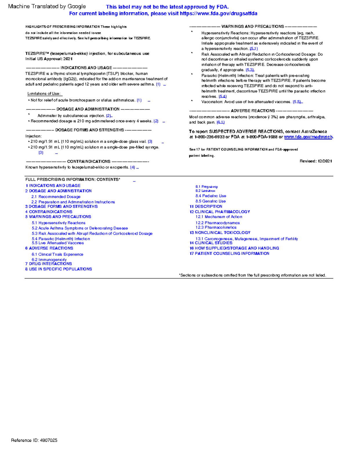 TEZSPIRE (210 mg) Subcutaneous Injection: Prescribing Information ...
