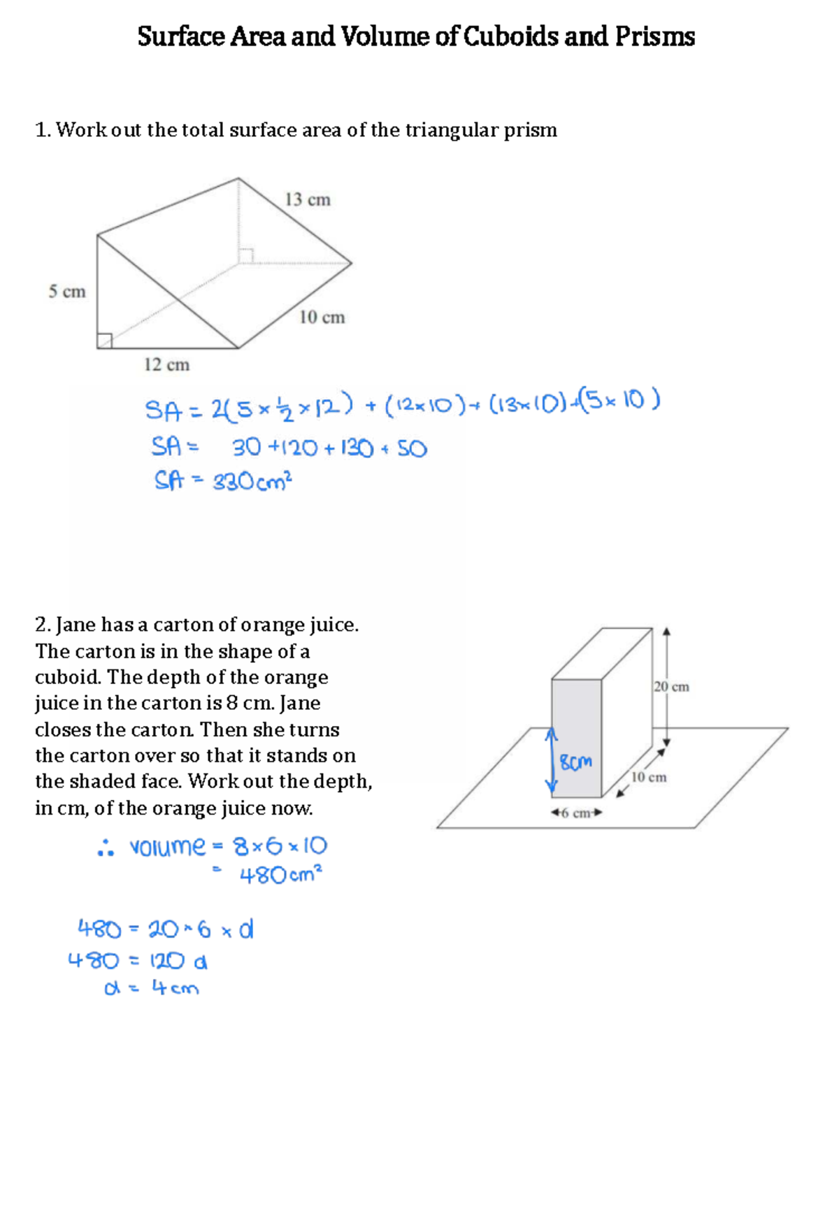 L01 - Homework: Surface Area & Volume of Cuboids & Prisms - Studocu