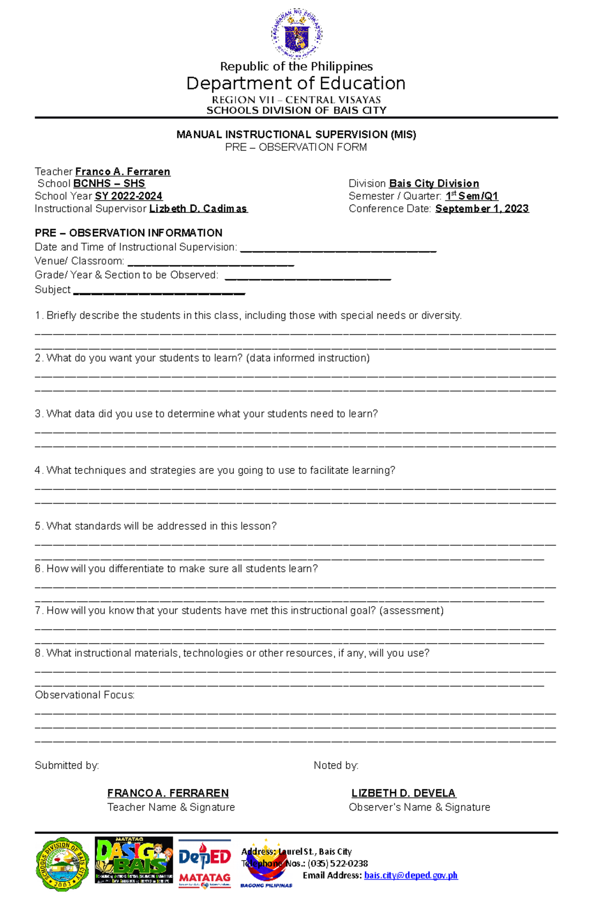 Pre and Post Observation Form for MIS (SY 2022-2024) - Studocu
