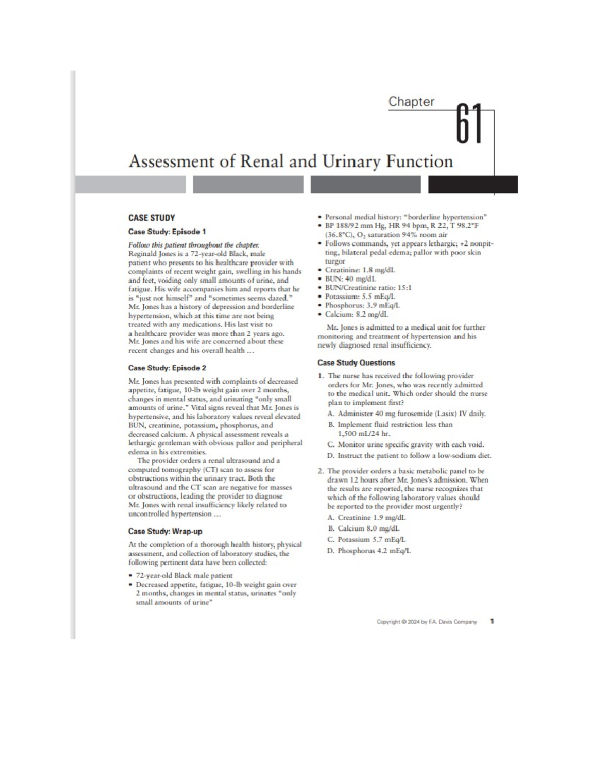 Renal Case Study Analysis for Nursing (NUR 361) - Patient Mr. Jones ...