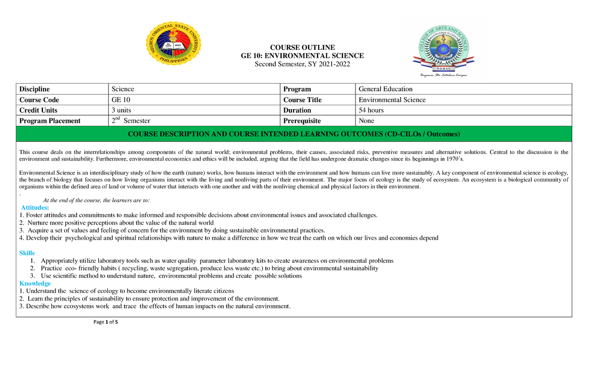 Course Outline GE 10 - Environmental Science for Second Semester 2021 ...