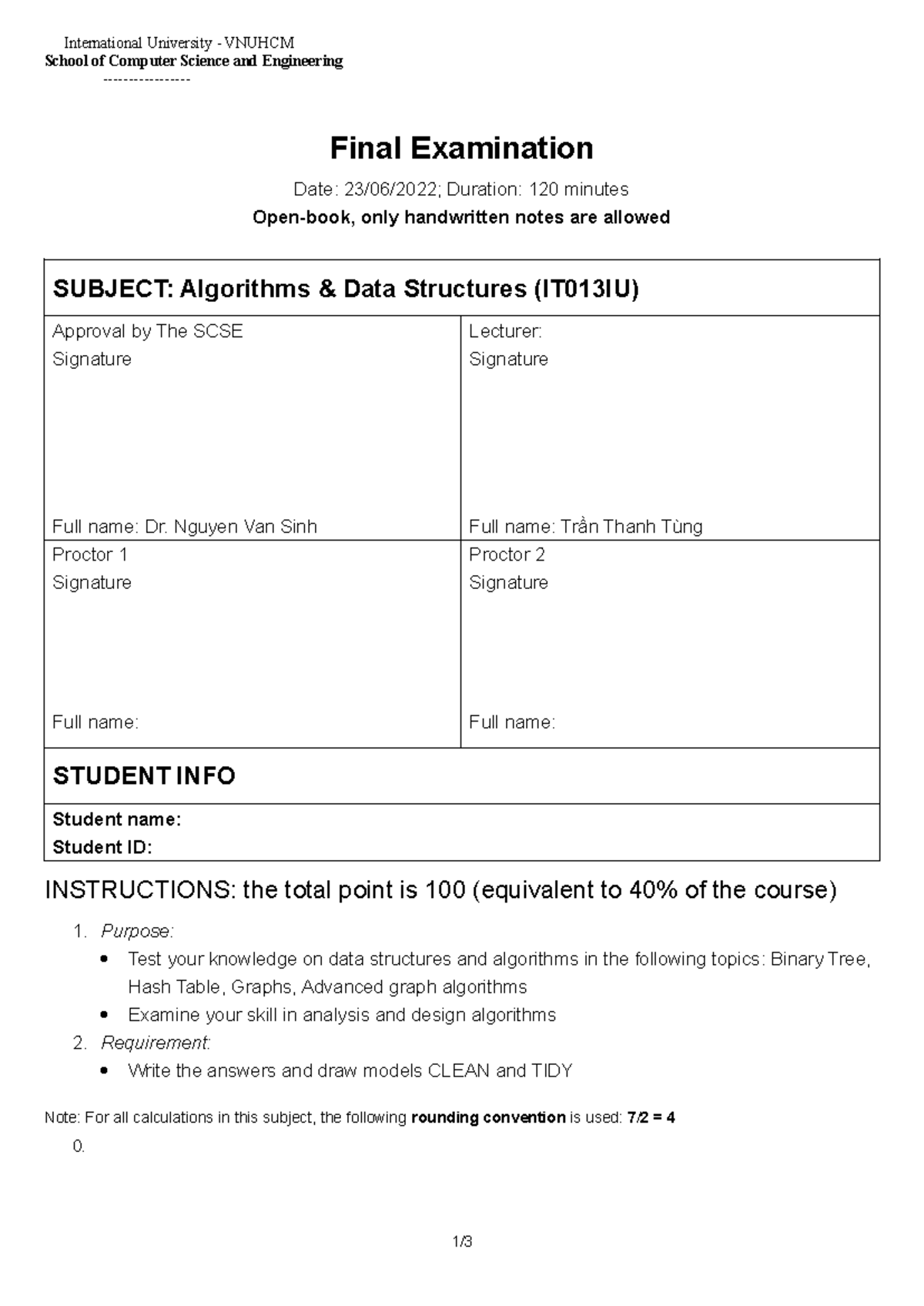 Final Exam: Algorithms & Data Structures (IT013IU) Overview and Tasks - Studocu