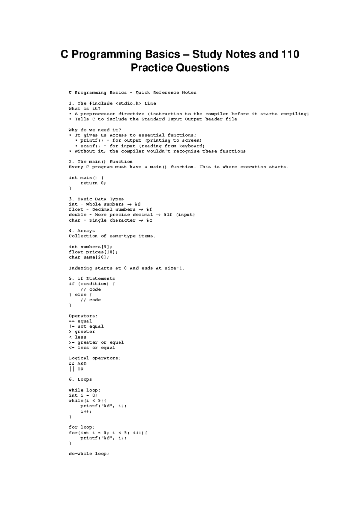 C Programming Basics Study Notes & 110 Practice Questions - Studocu