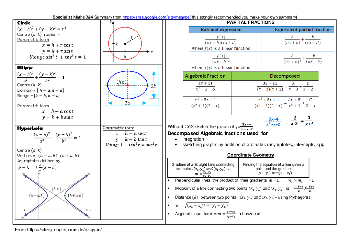 Specialist Maths 34 Summary: Key Concepts and Formulas - Studocu