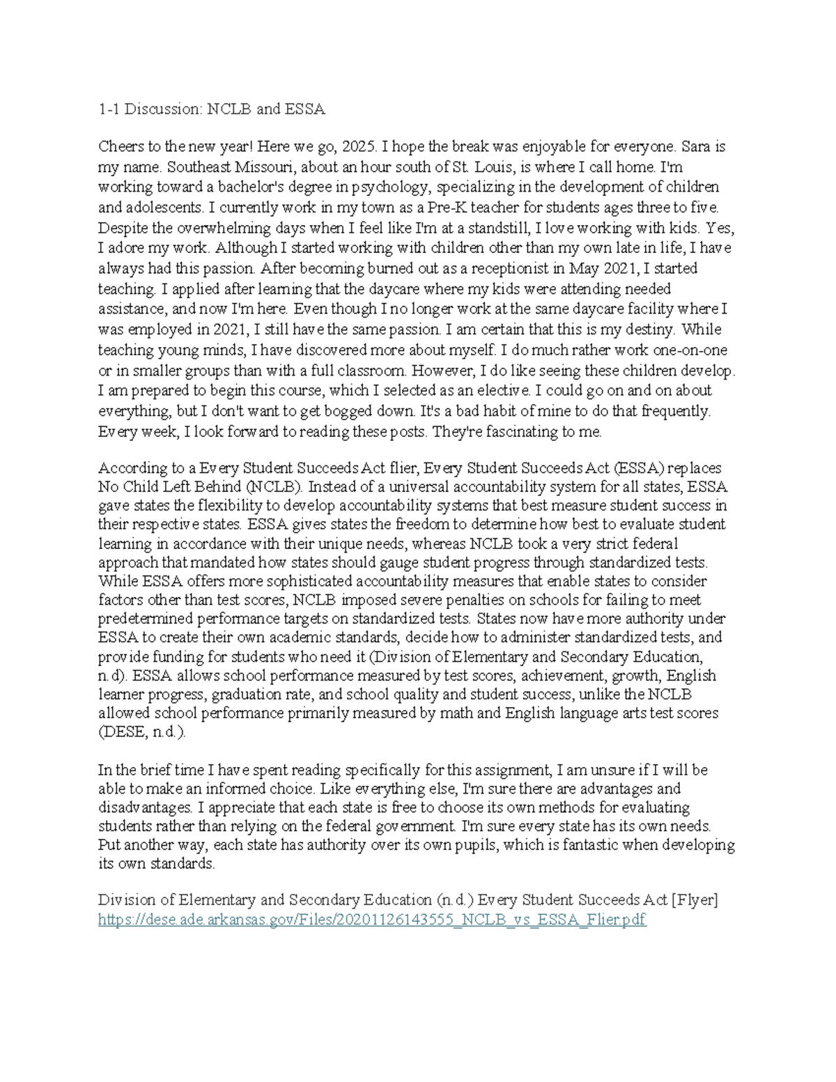 Module One Discussion One - 1-1 Discussion: NCLB and ESSA Cheers to the ...