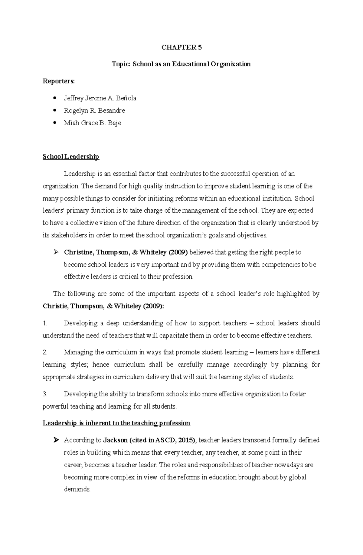 EDUC 3 Chapter 5 Handout - CHAPTER 5 Topic: School as an Educational ...