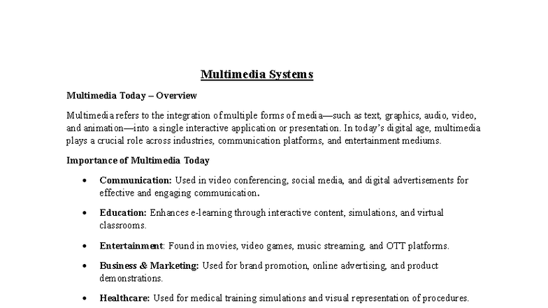 Multimedia Systems (Course Code: MLT101) - Summarised Notes on Today's ...