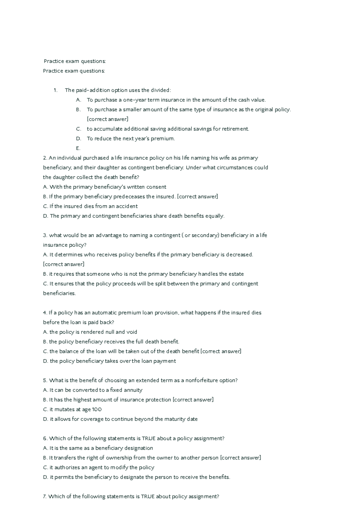 INS101 Final Exam Review: Practice Questions & Answers on Insurance ...