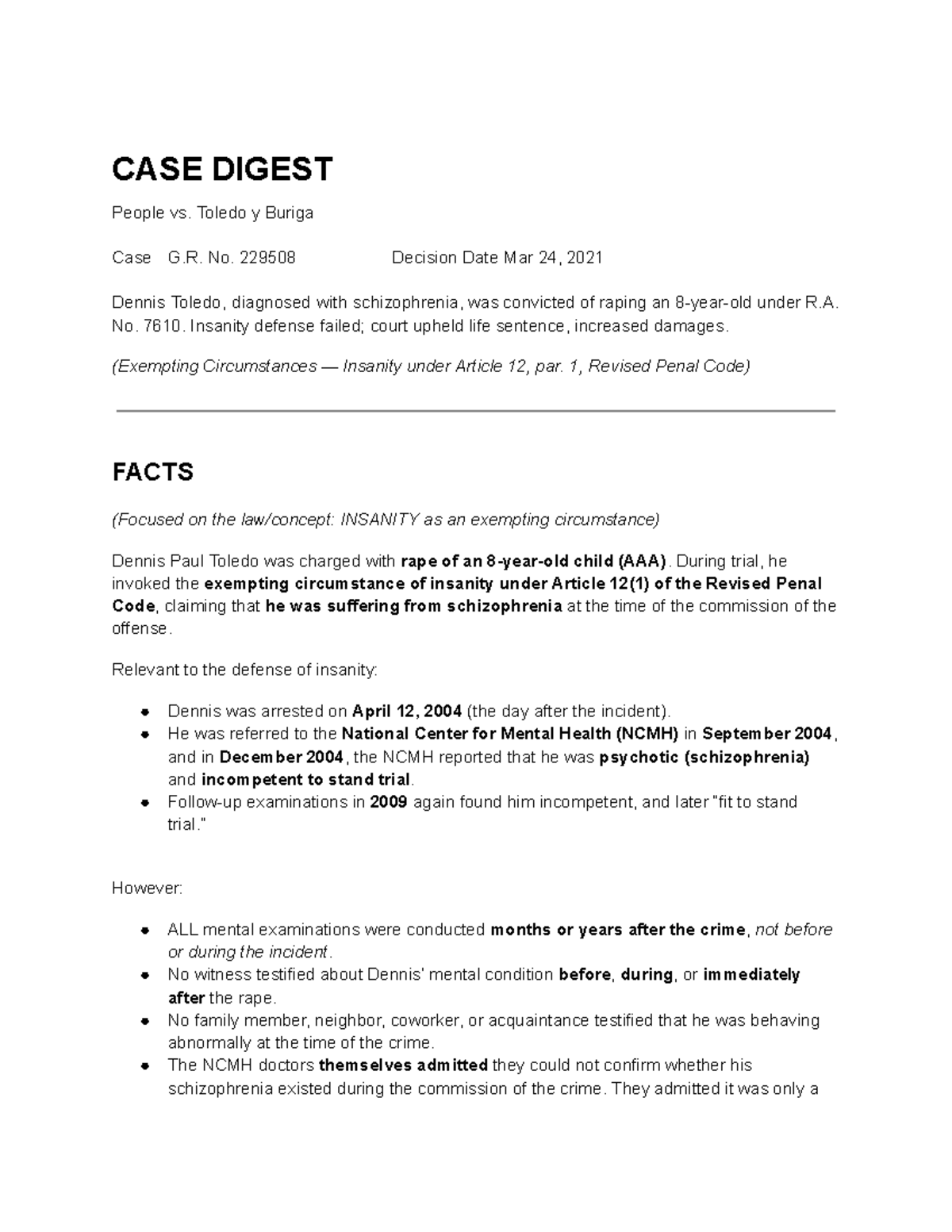 CASE DIGEST: People vs. Toledo, G.R. No. 229508 - Insanity Defense ...