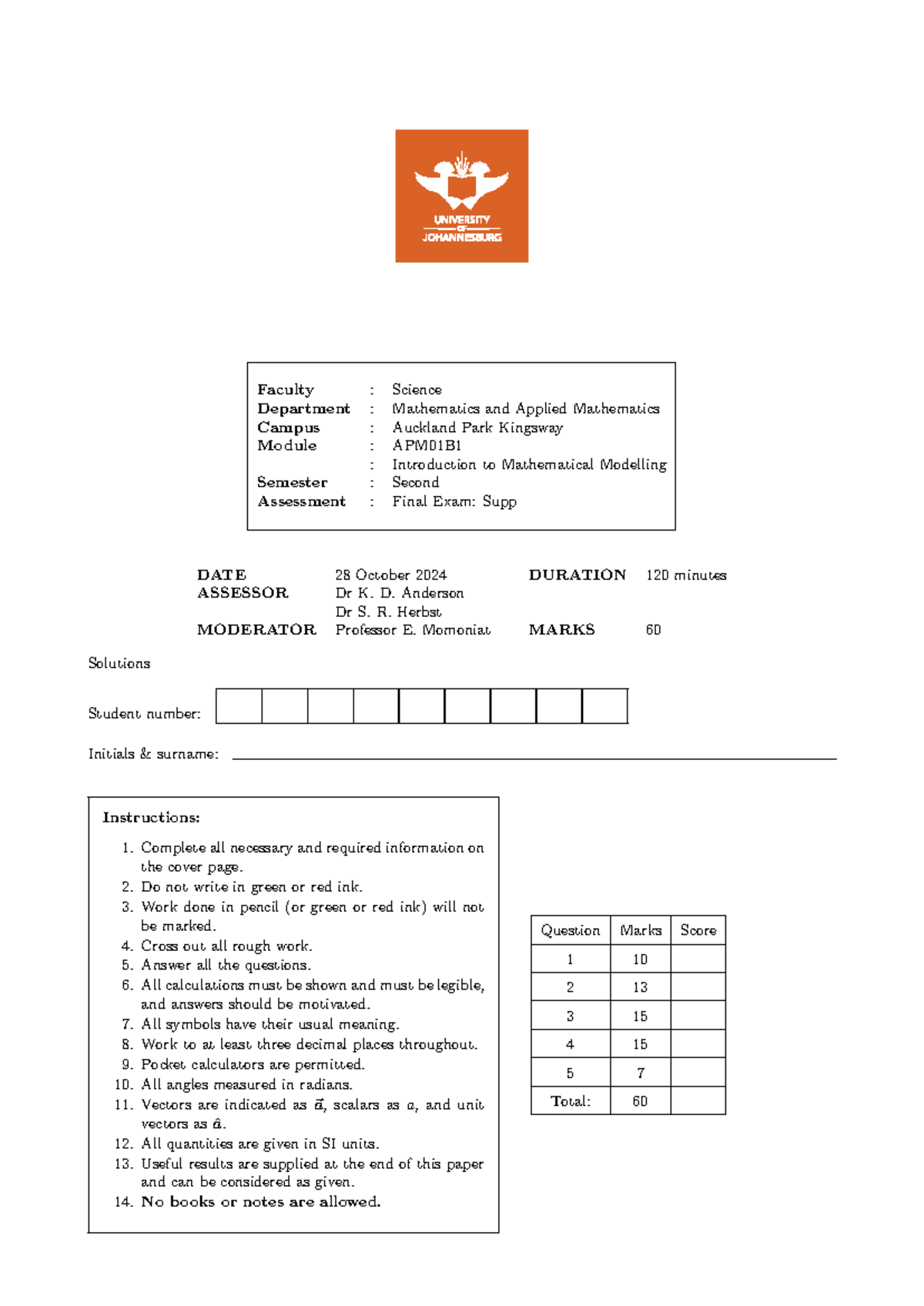 APM01B1 Introduction to Mathematical Modelling Final Exam: Supp 2024 ...