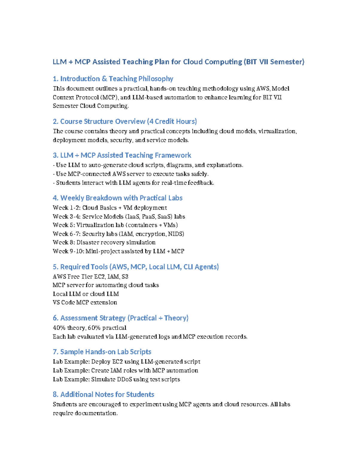 Cloud Computing Teaching Plan with LLM MCP (BIT VII Sem) - Studocu