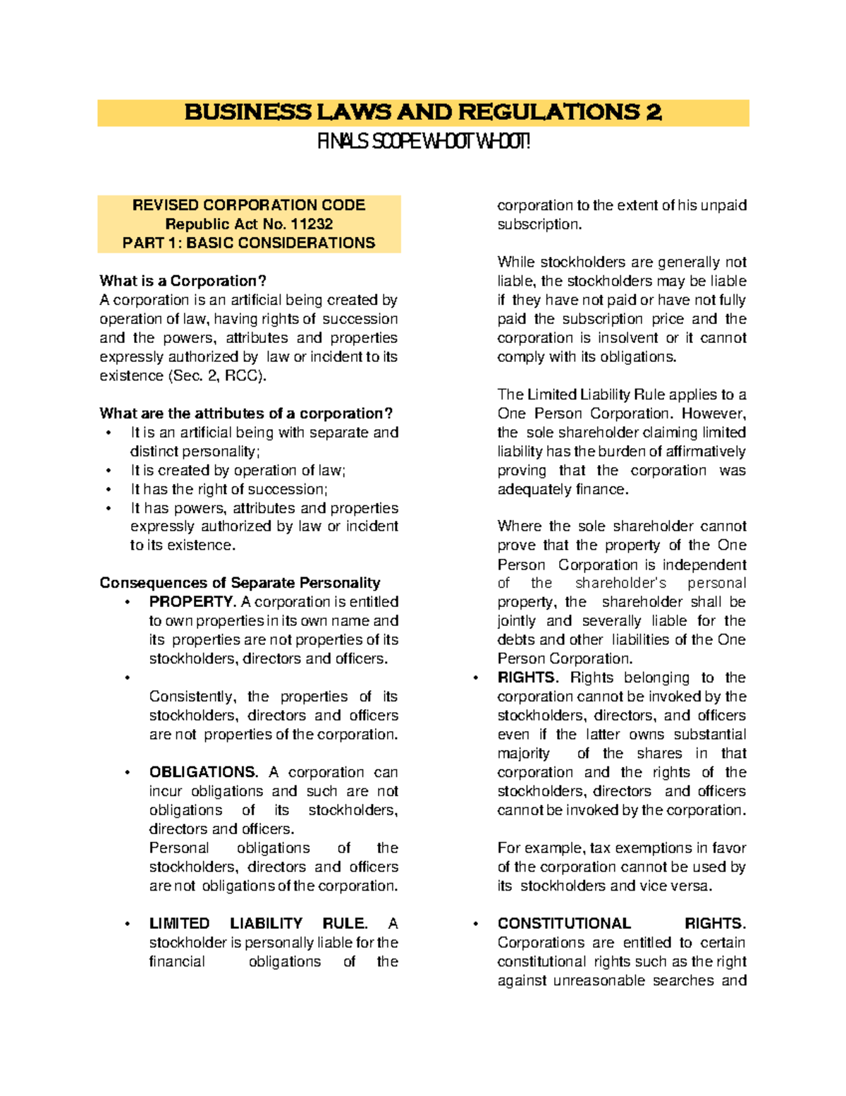 BUSINESS LAWS AND REGULATIONS 2 FINALS SCOPE: REVISED CORPORATION CODE ...