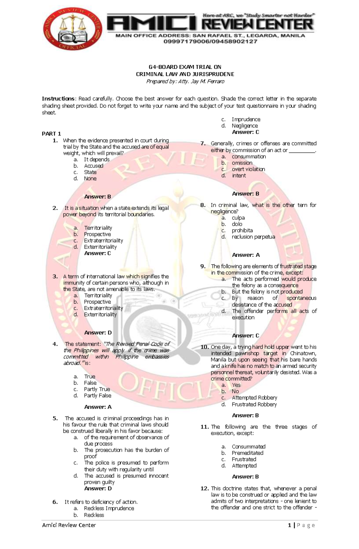 G4-JUL-AUG2024-CLJ-BET-PROF. JAY- Answer KEY - Instructions: Read ...