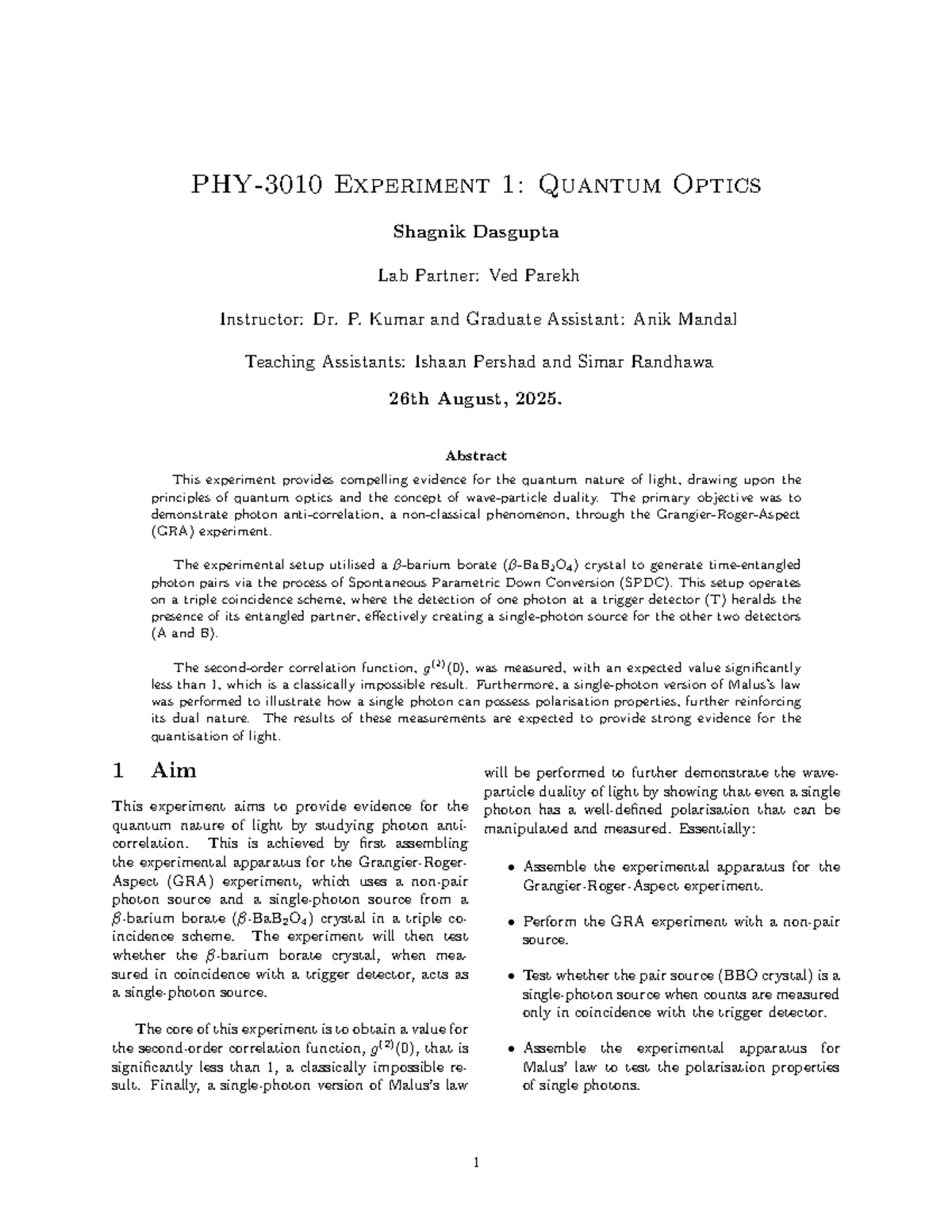PHY 3010 Experiment 1: Evidence of Quantum Nature of Light - Studocu