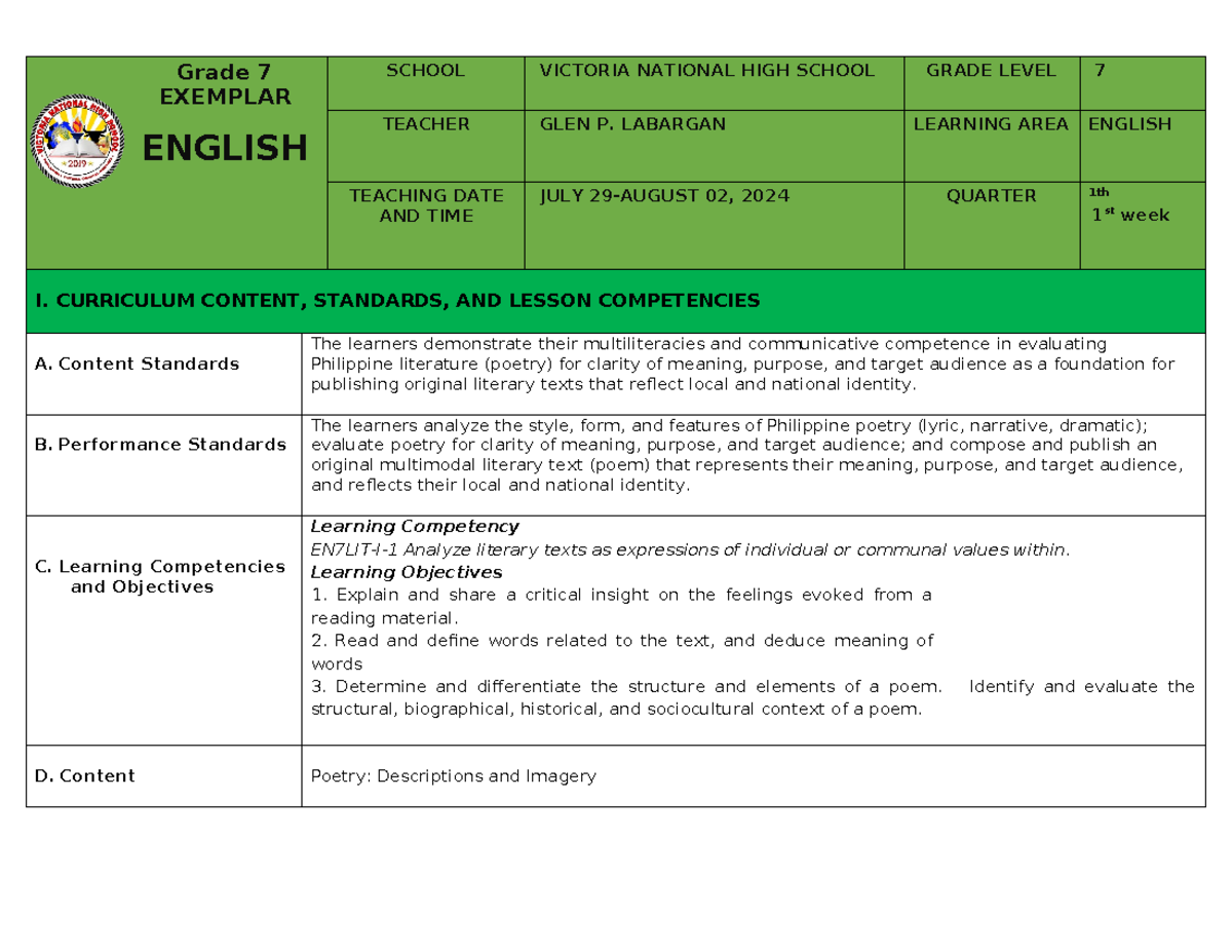 Grade 7 Exemplar WEEK ONE - Grade 7 EXEMPLAR ENGLISH SCHOOL VICTORIA ...