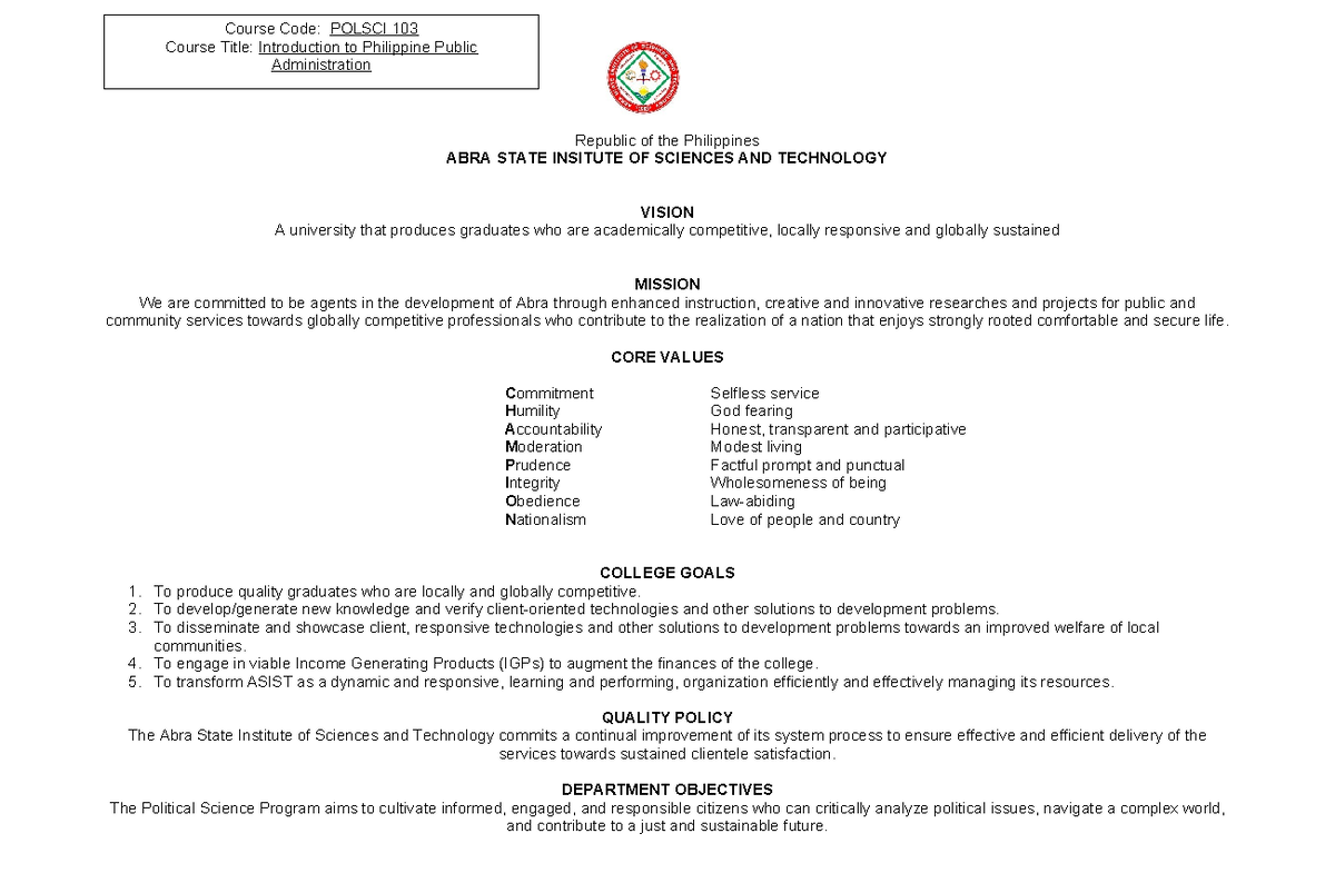 POLSCI 103: Syllabus for Introduction to Philippine Public ...