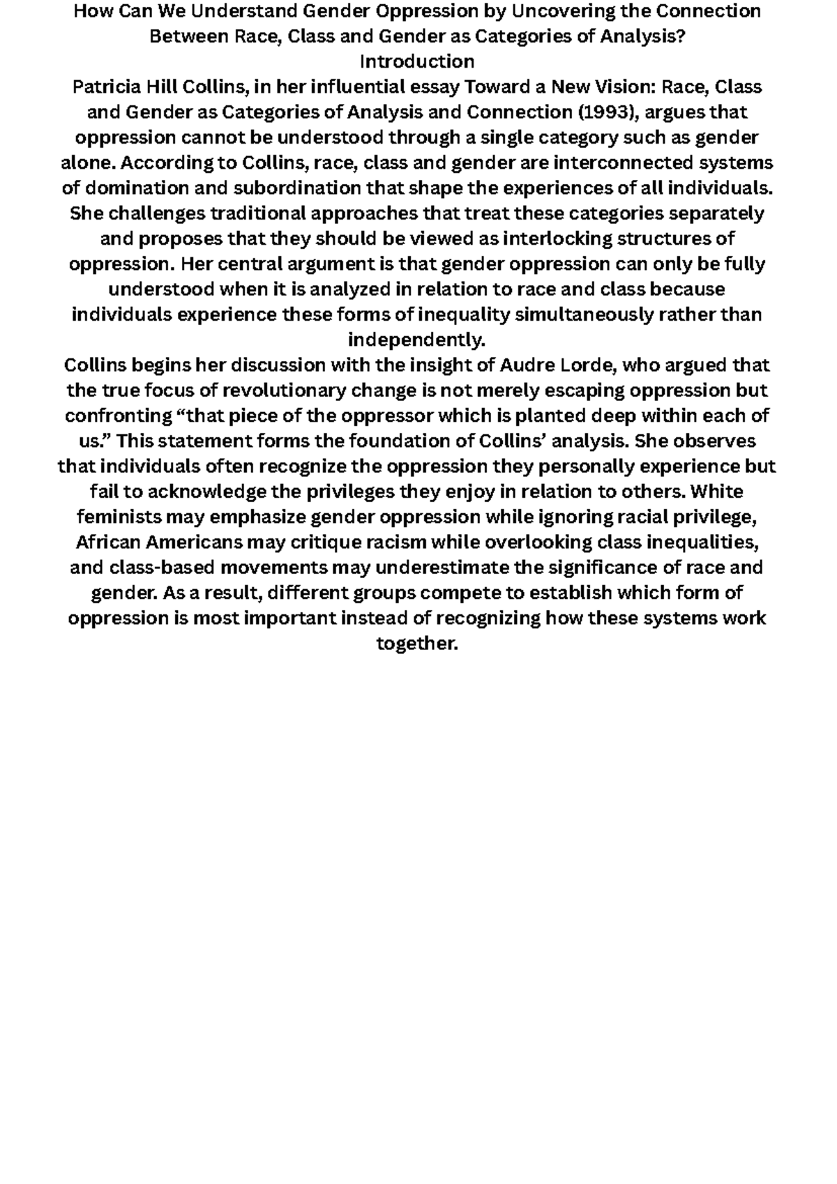 Understanding Gender Oppression: Race, Class & Gender Interconnections ...