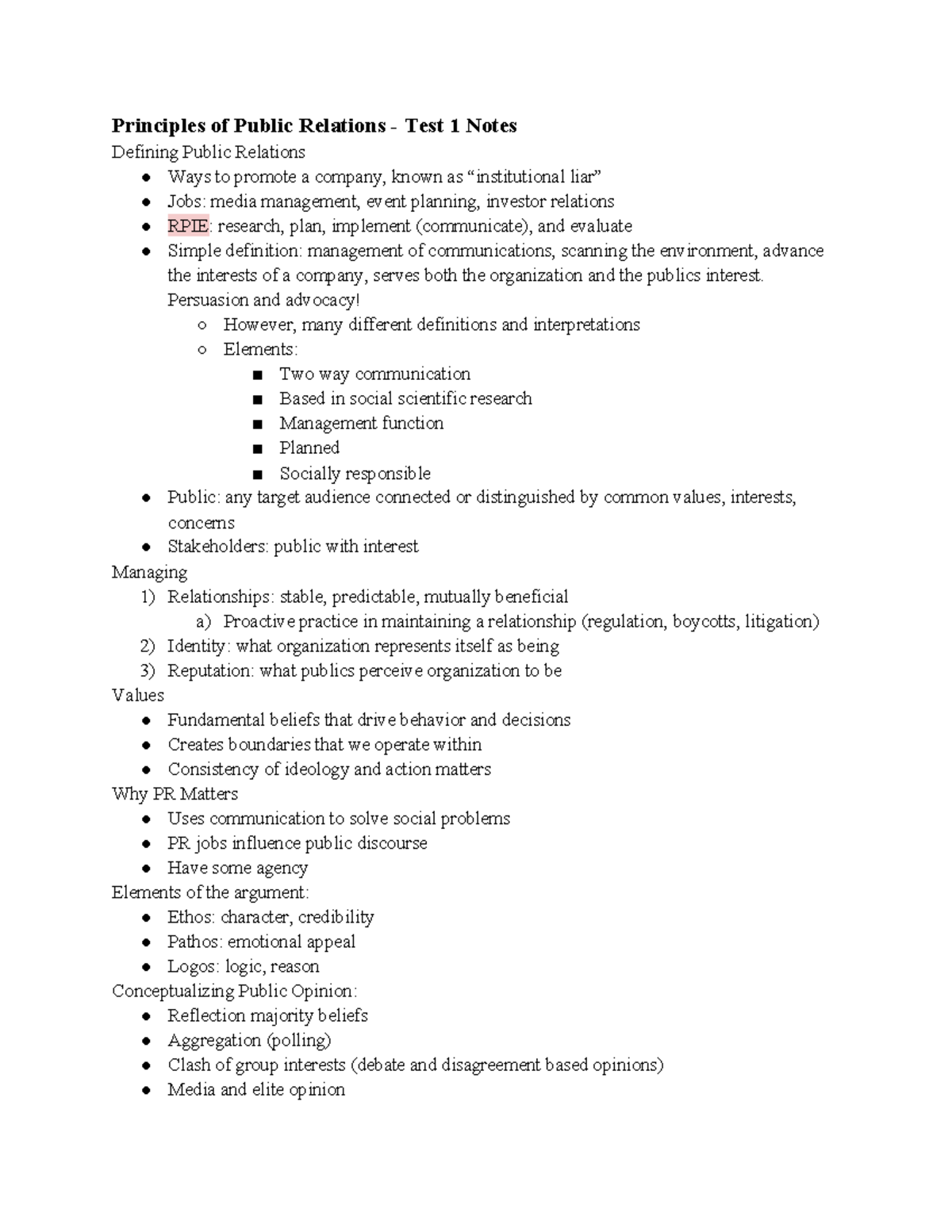 Public Relations Principles - Test 1 Study Notes - Studocu