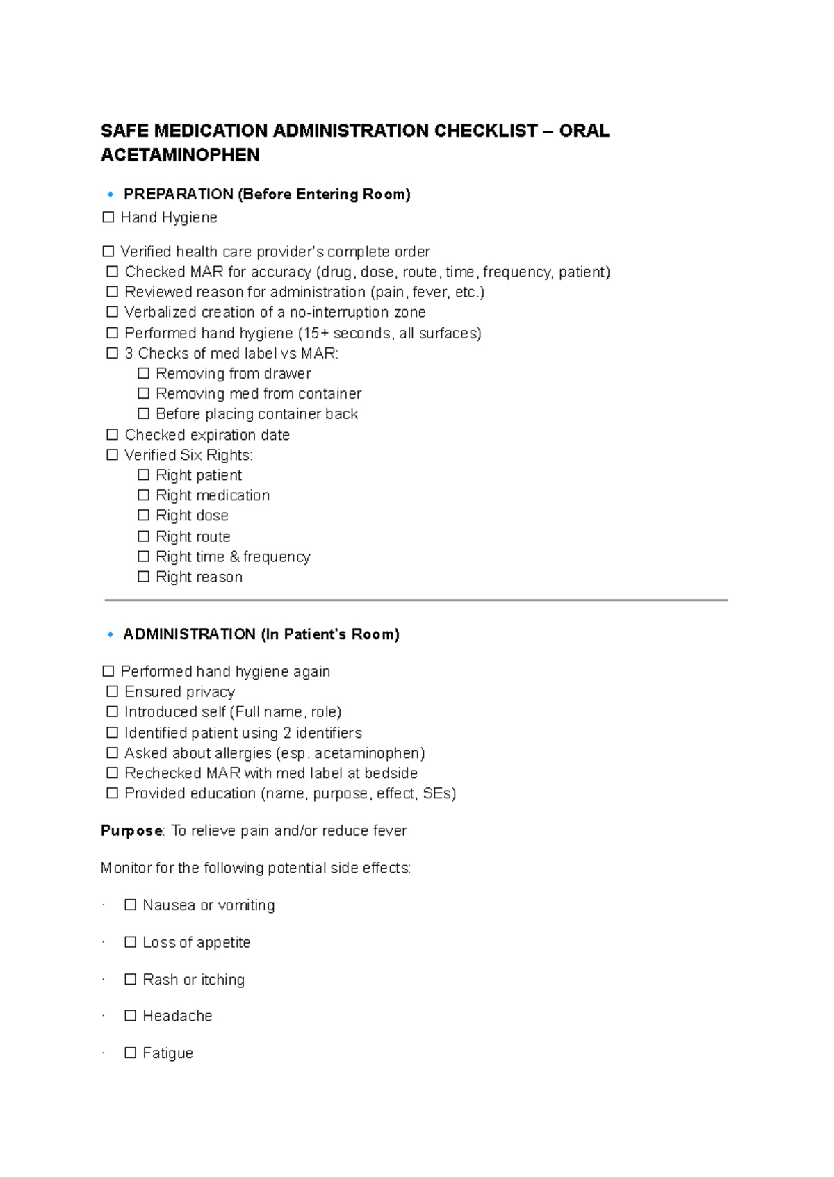 NURS 2535 OSCE - Safe Medication Administration Checklist for Oral Meds ...