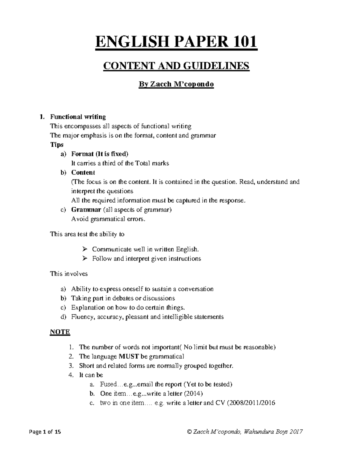 ENGLISH PAPER 101 GUIDELINES FOR FUNCTIONAL WRITING AND ORAL SKILLS ...