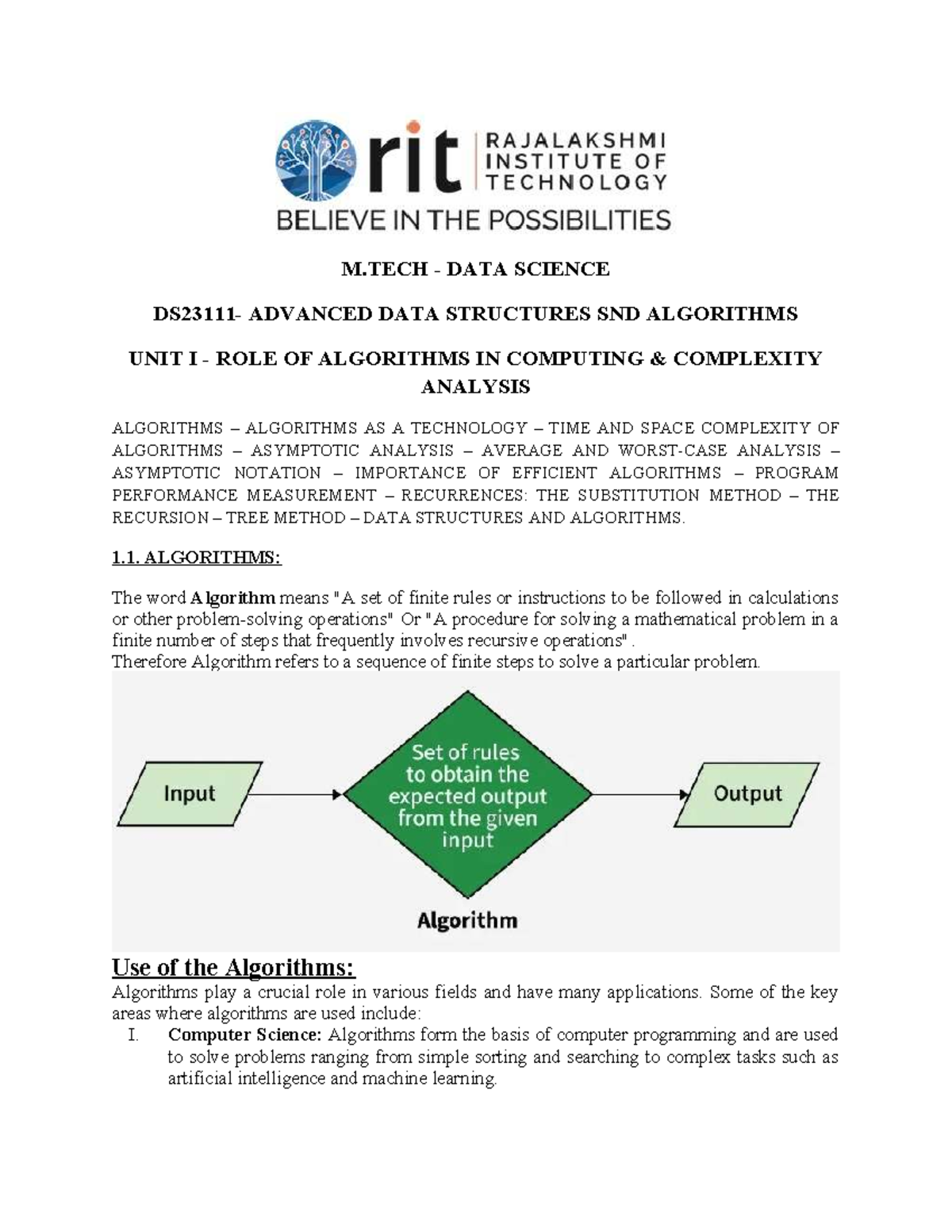 M.TECH DATA SCIENCE: ADSA UNIT I - Algorithms & Complexity Analysis ...
