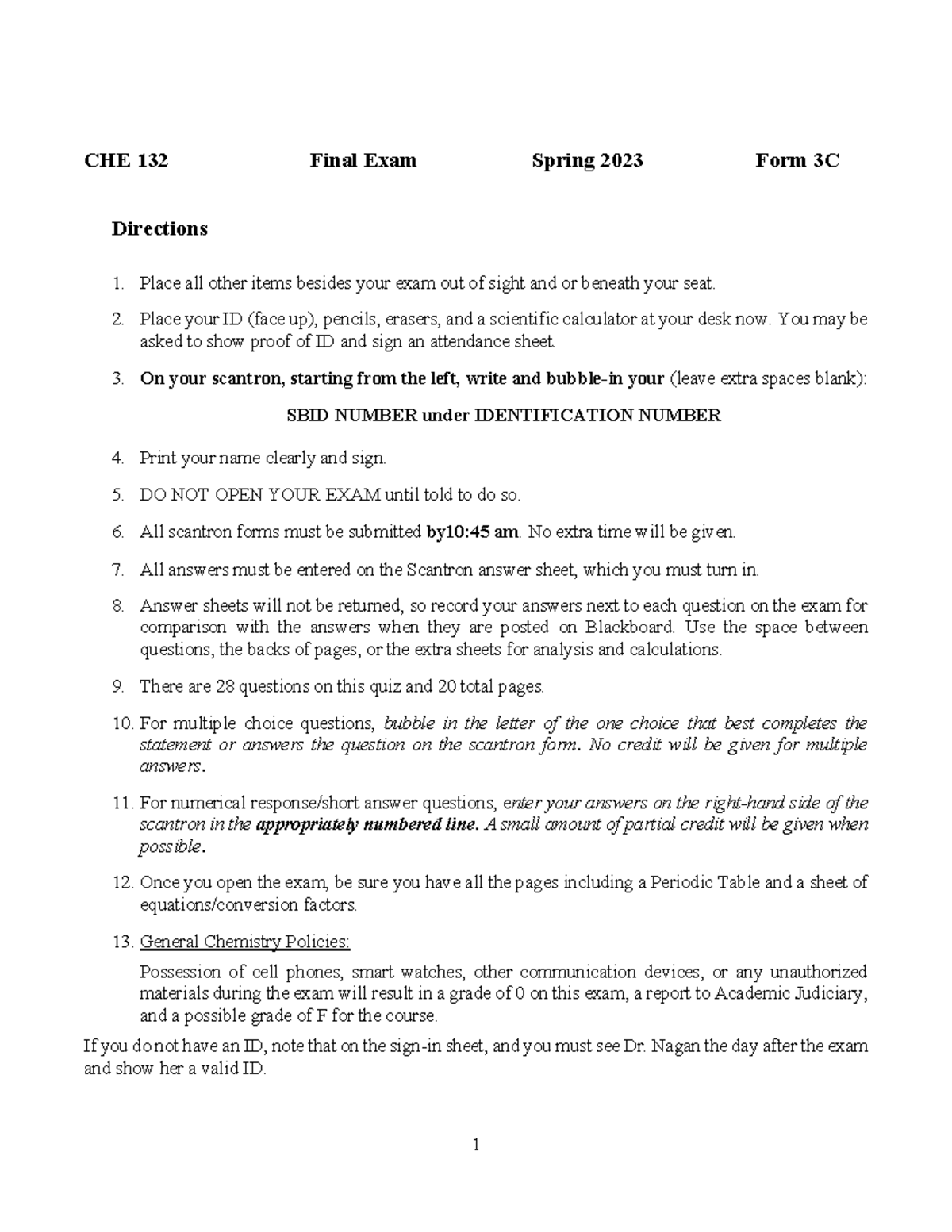 CHE 132 Spring 2023 Exam 3 Practice Exam - CHE 132 Final Exam Spring ...