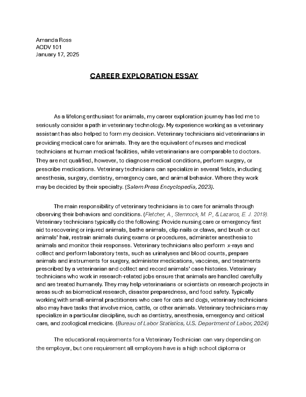 Career exploration essay for ACDV 101: Veterinary technology path - Studocu
