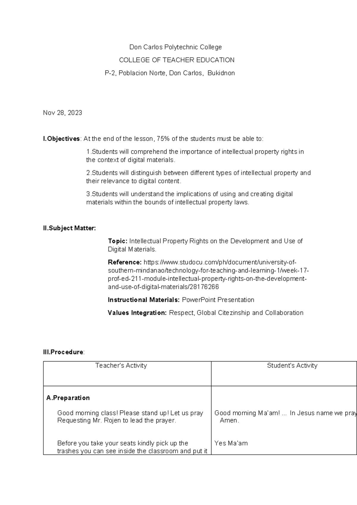 Lesson Plan: Intellectual Property Rights in Digital Materials - Studocu