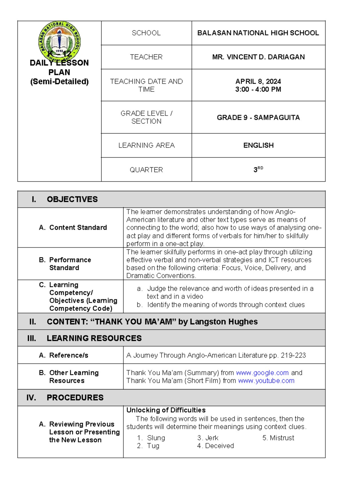 Classroom Observation Lesson Plan for G9 English (3rd Quarter) - Studocu