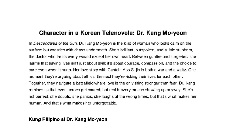 Dr. Kang Mo Yeon: A Filipino Adaptation of Love and Healing - Studocu