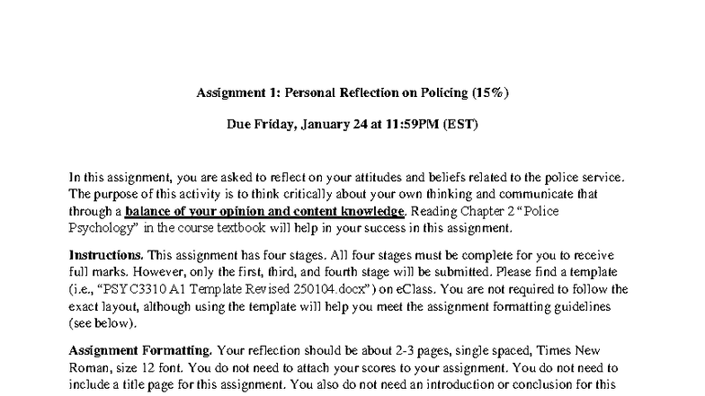 Assignment 1: Personal Reflection on Policing (PLS) - Due Jan 24 - Studocu