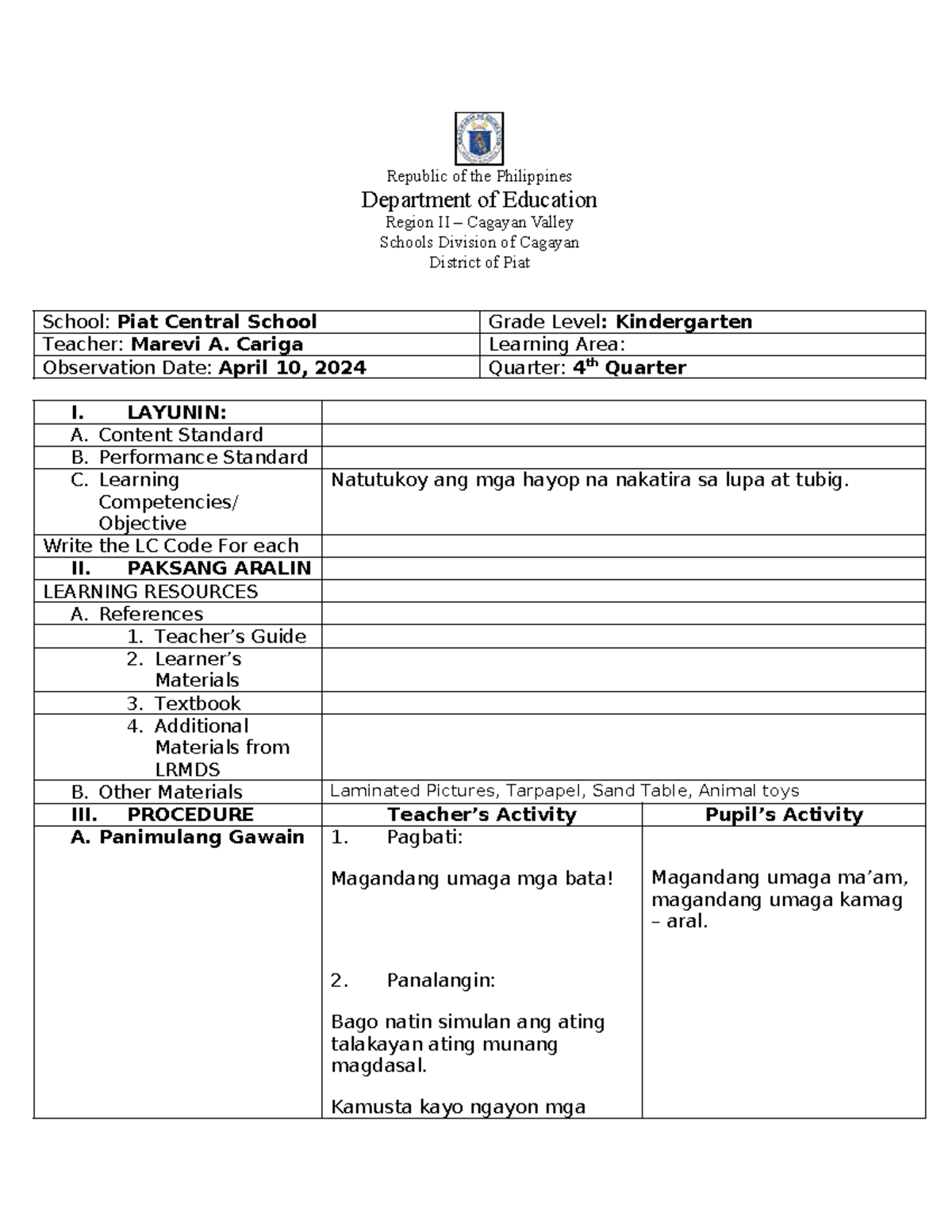 Kindergarten 4th Quarter Lesson Plan: Animals on Land and Water - Studocu