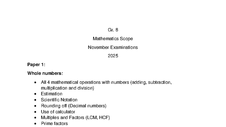 Gr. 8 Mathematics November Exam 2025: Paper 1 Scope & Topics - Studocu