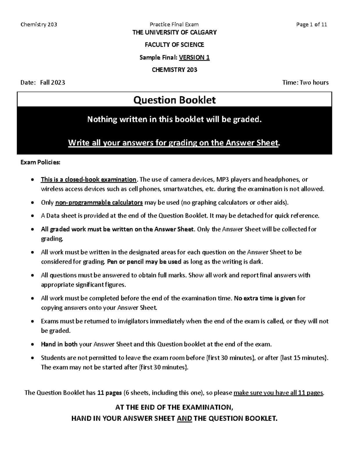 Chemistry 203 Practice Final Exam - Fall 2023 - Studocu