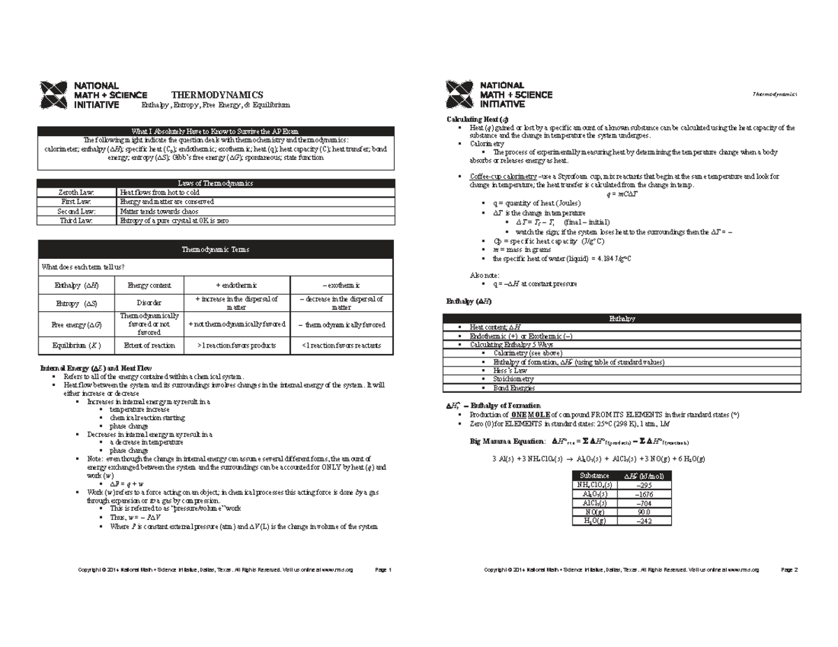 Thermodynamics and Electrochemistry Review for AP Exam (Unit 9 ...